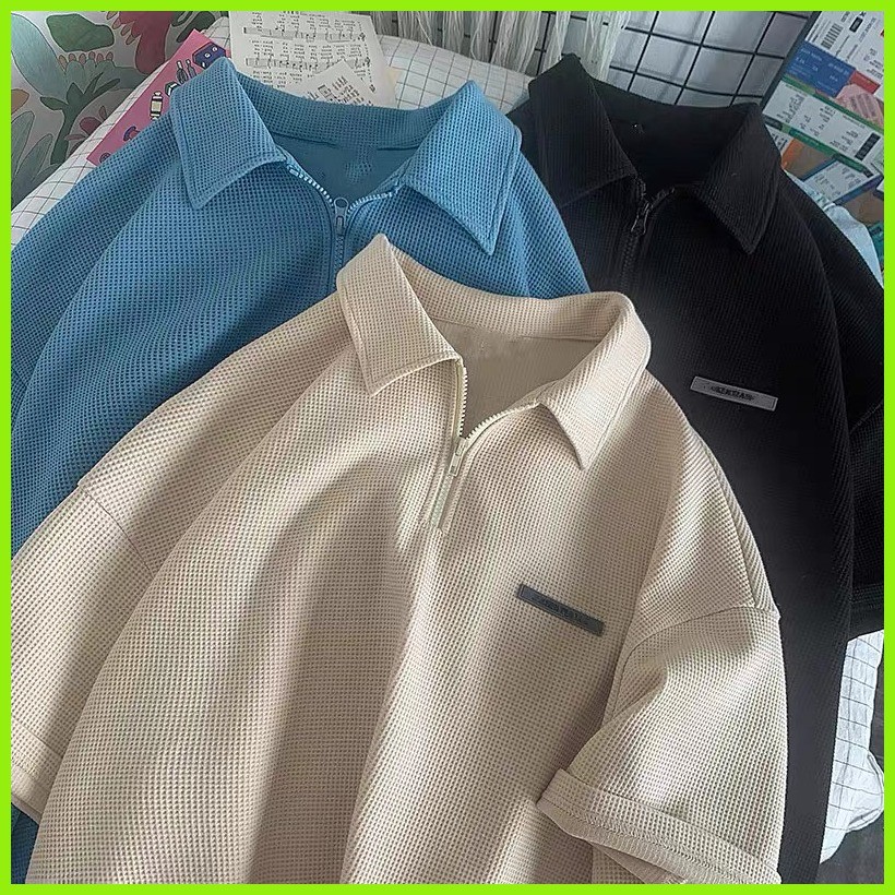 Korean Polo Shirt for Men Oversized Half Zipped Waffle Label aesthetic ...