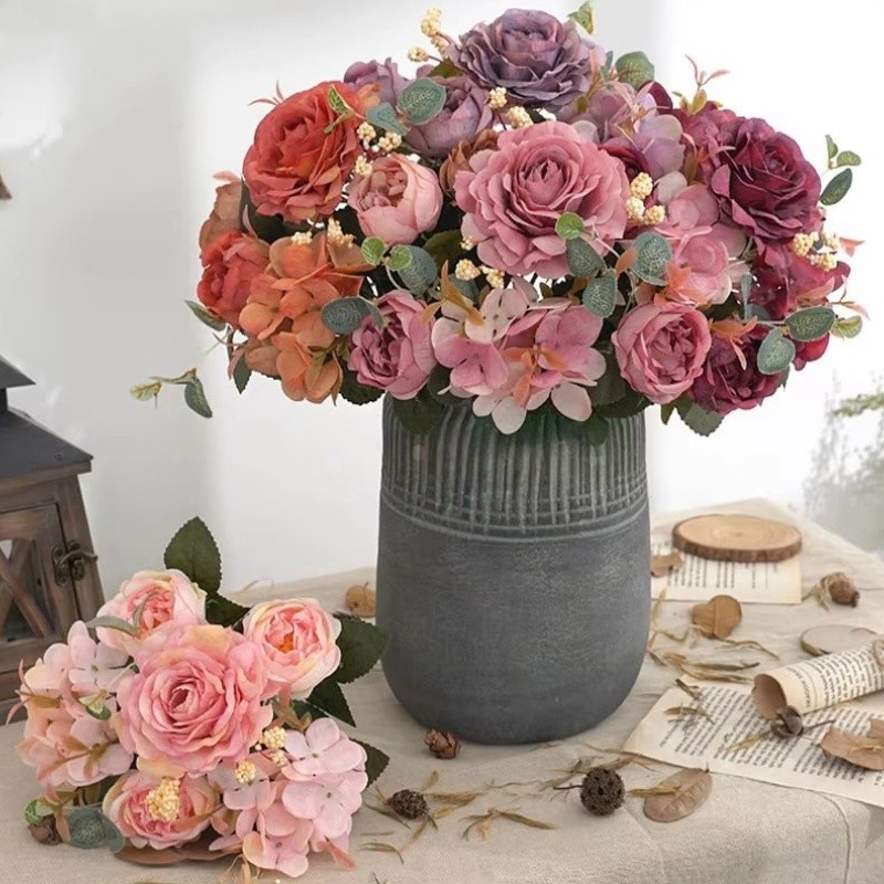 Artificial Flower Roses Peony Hydrangea Fake Flower Decoration Flower ...