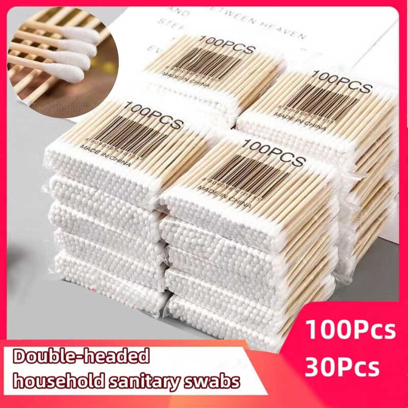 100Pcs/30Pcs/Pack Double Head Cotton Swabs Bamboo Stick White With ...