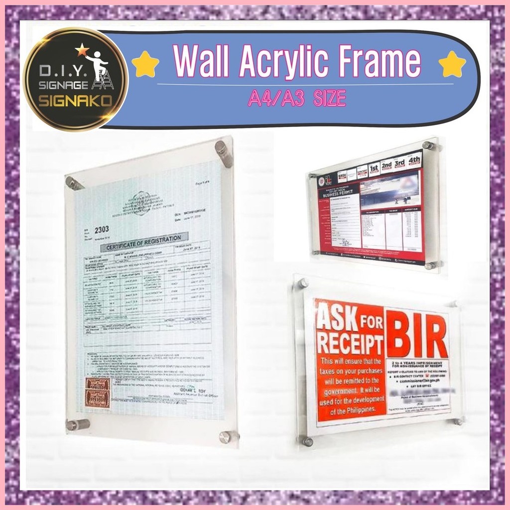 A4 A3 Size Wall Acrylic Frame w Bolt / Office Business Permit ...