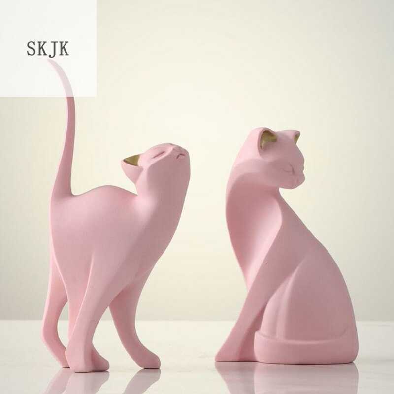 SKJK Resin Pink Cat Sculpture Artistic Hand-Crafted Animal Figurine ...