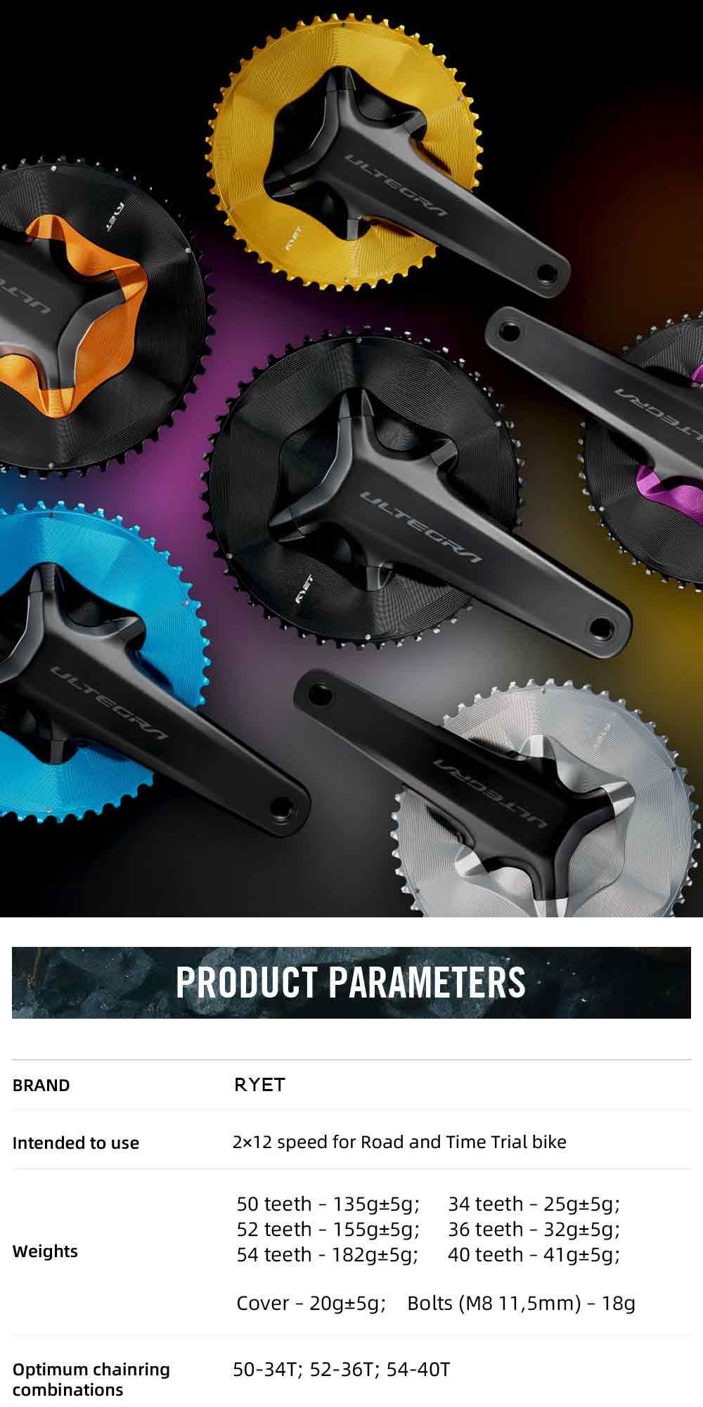 RYET Aero Design Road Chainring 3 Sizes 50-34T/52-36T/54-40T Compatible ...