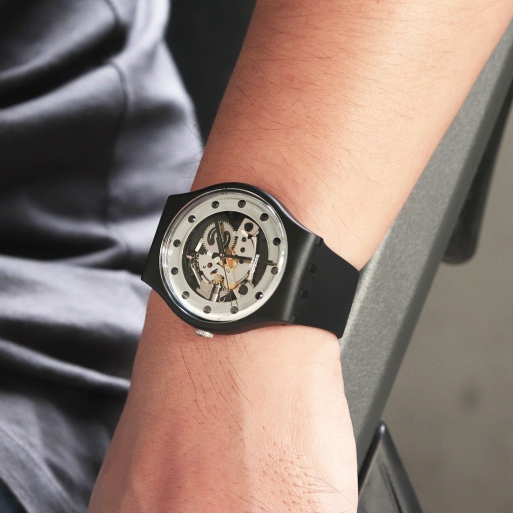 Swatch New Gent Silver Glam Again SO29B109 Black Silicone Strap Watch ...