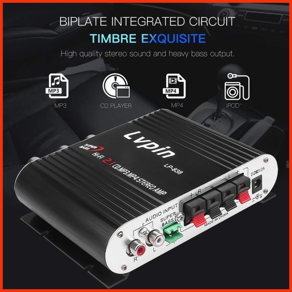 LP-838 Amplifier Bass Booster Car HiFi Stereo Audio 2.1 Channel MP3 ...