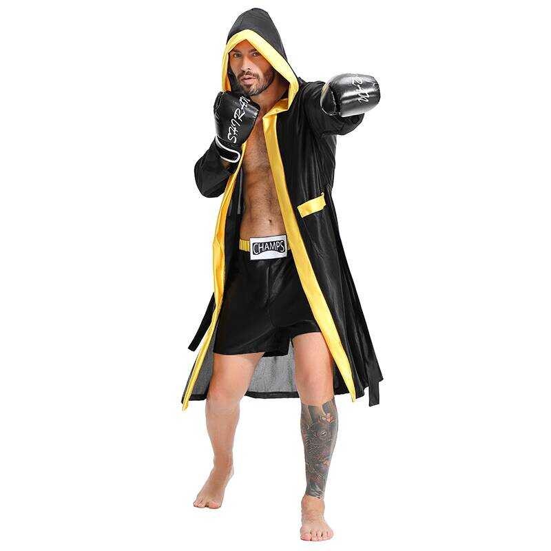 Halloween Men's Boxer Cosplay Battle Robe Boxing Champion Black Hooded ...