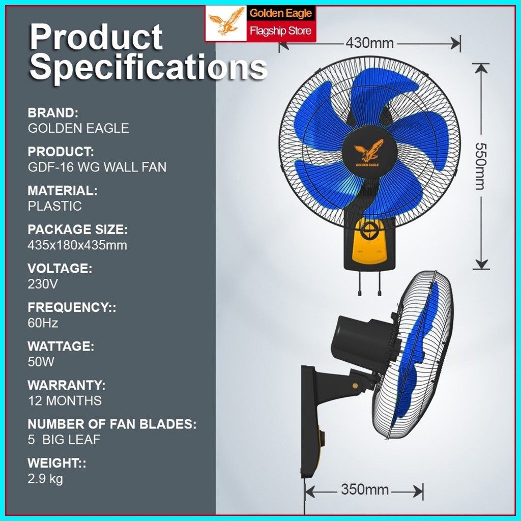 Golden Eagle 16" Electric Wall Fan, High Performance Three Speed ...