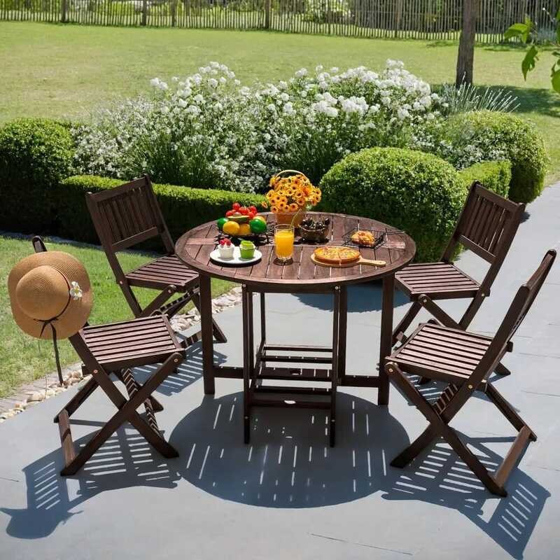 Acacia Wood Patio Dining Set With 4 Folding Chairs And 37" Round ...