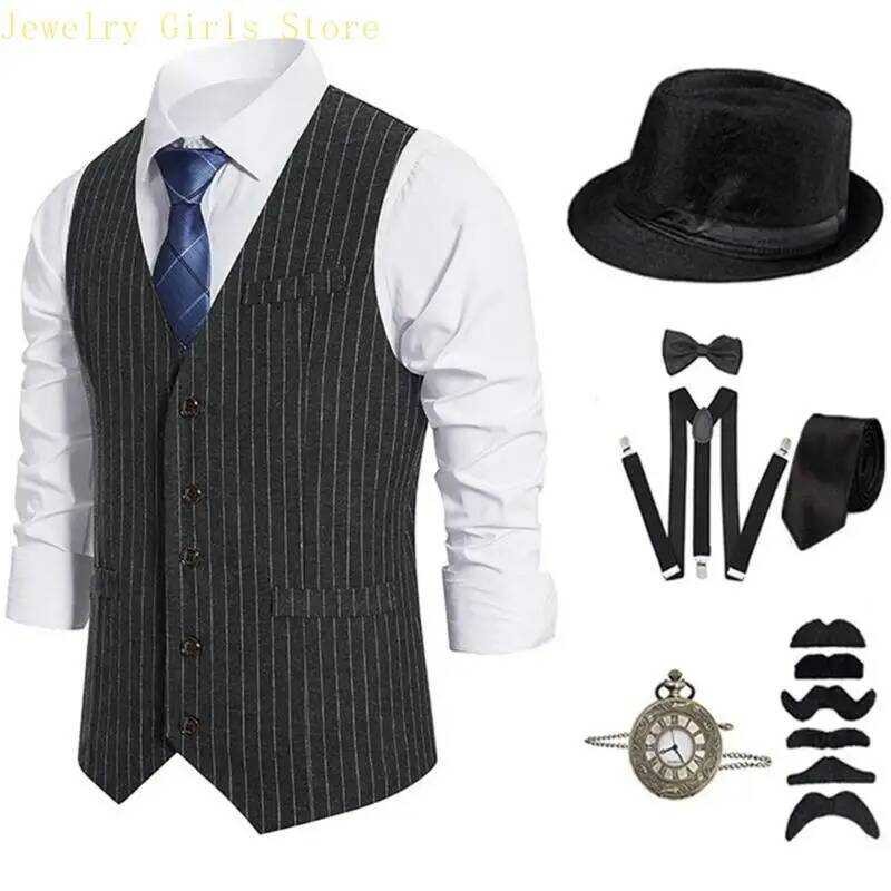 Yy 20S Men's Accessories,1920S Men Mafia Costume Set,With Vests ...