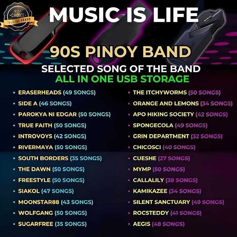 1200 SONGS Music USB Drive 90S PINOY BAND Car Pop Songs High Quality ...