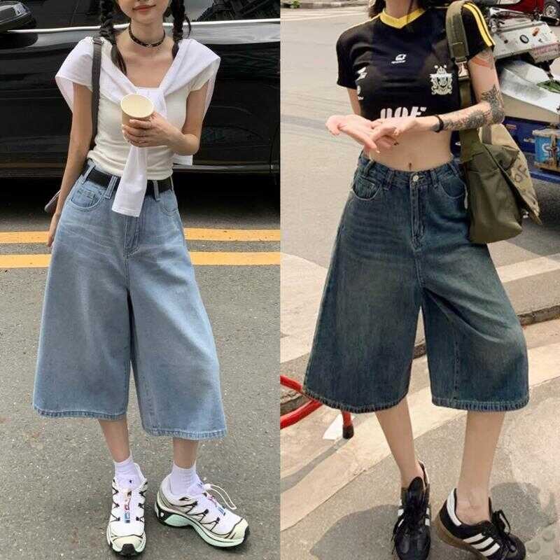 Kinwoo Retro High-Waisted 7-Minute Wide-Leg Pants Shorts Denim Jorts ...