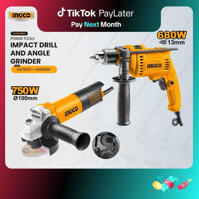 Ingco Angle Grinder 750W + Impact Drill Barena 680W Kit Ag70012 ...