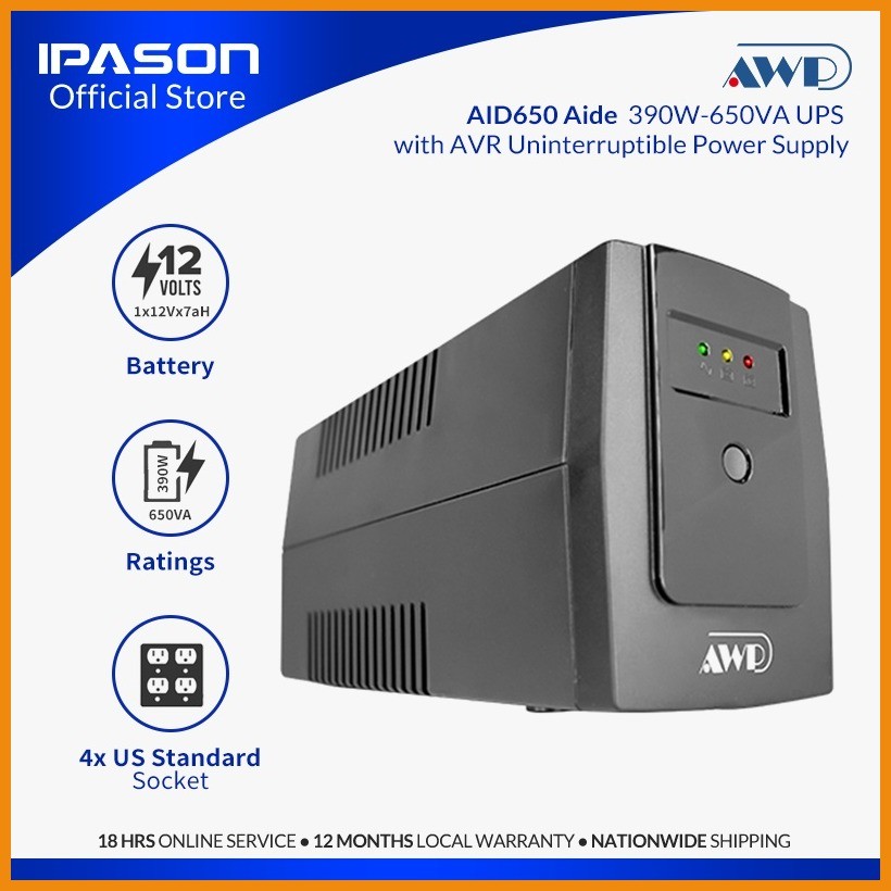 Ipason AWP AID650 Aide 390W-650VA UPS with AVR Uninterruptible Power Supply (4-Sockets) | Shopee ...