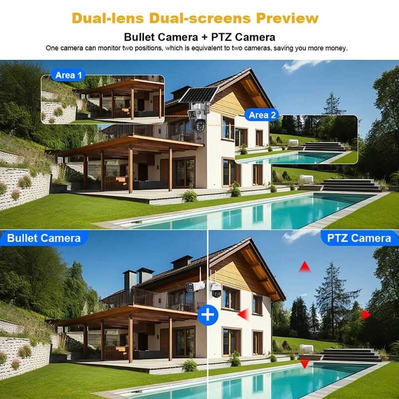 4G F / Wifi Solar Camera Dual Lenses Outdoor 8Mp 4K Low Power Battery ...
