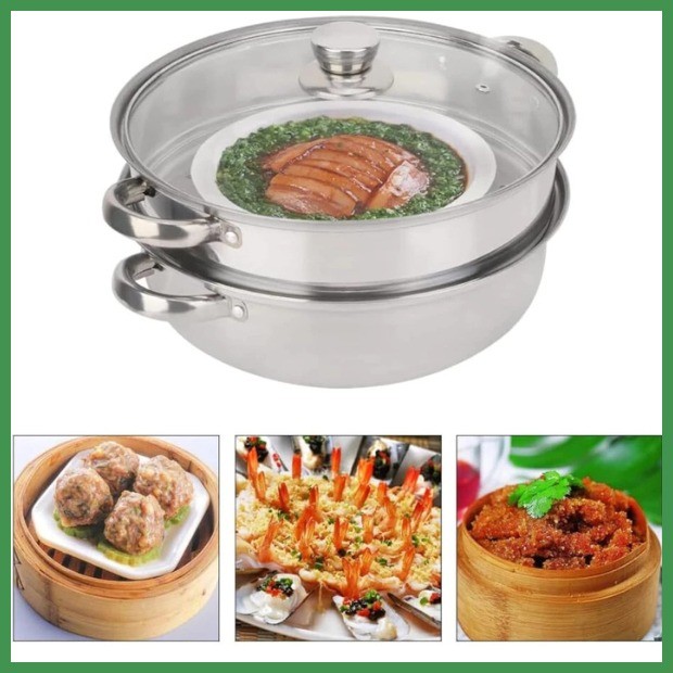 ⚽︎ 2 Layer Stainless Steamer Steel Multi-Function Soup Steamed Cooking ...