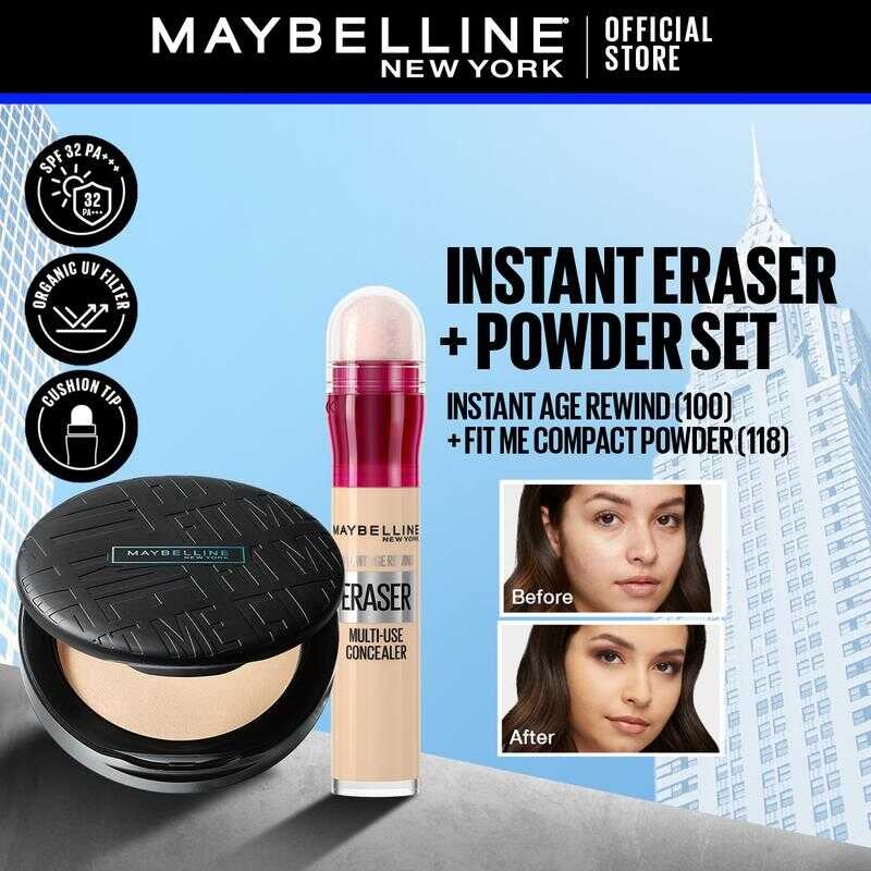 Set: Fit Me Compact Powder + Maybelline Instant Eraser 12Hr Multi-Use 2 ...