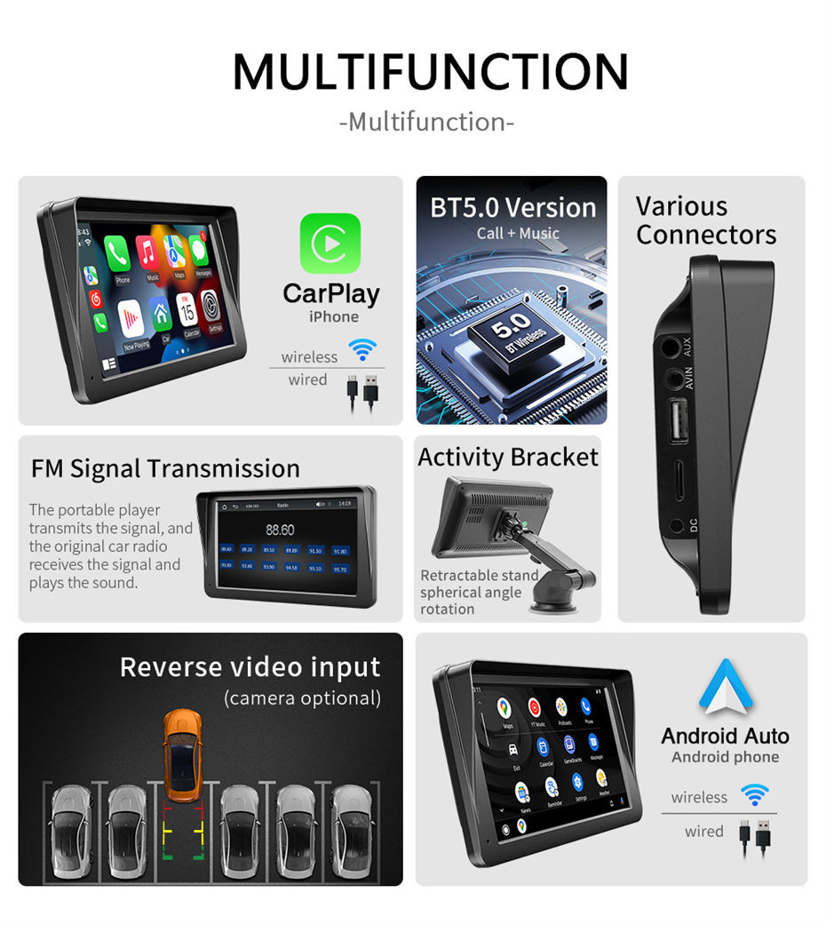 7 Inch Portable Car MP5 Player Smart Stereo Radio Carplay Android Auto ...