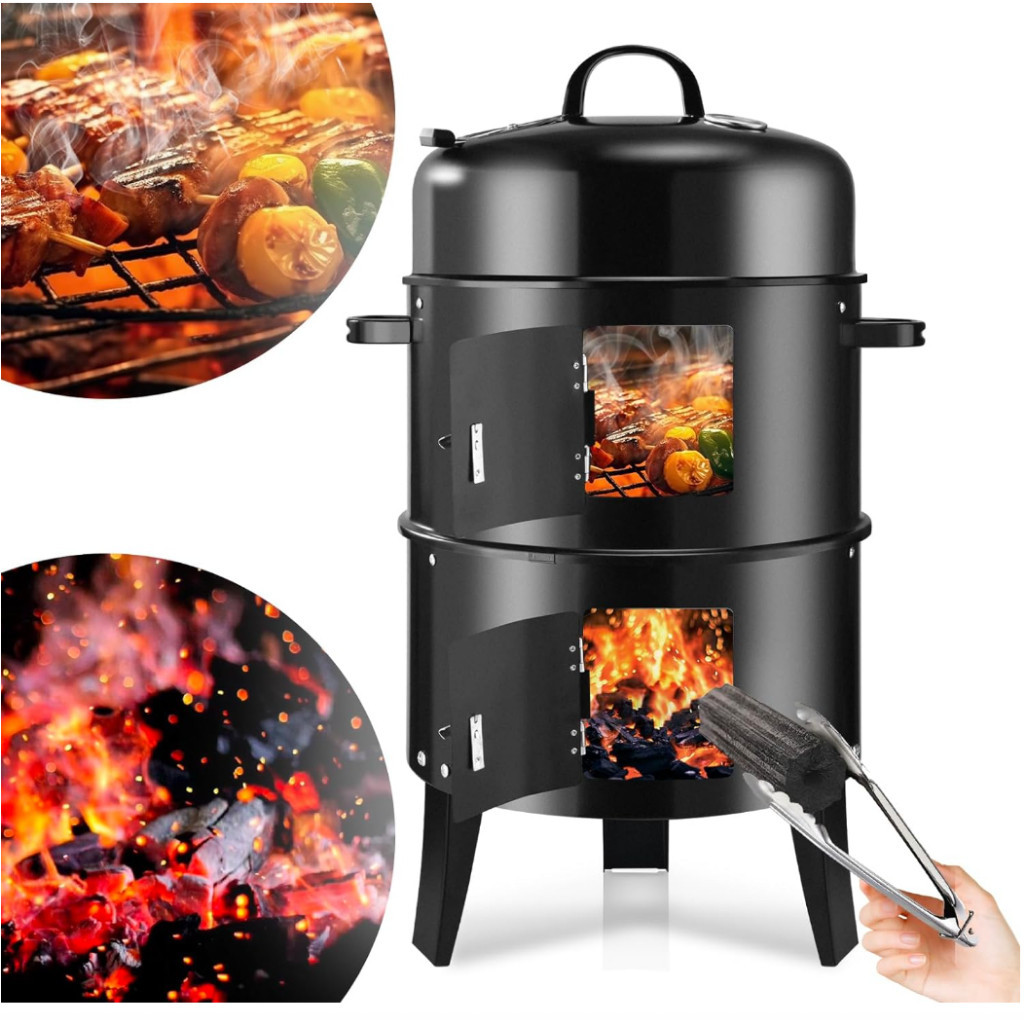 3-in-1 Charcoal BBQ Smoker, Outdoor Grill Cooker with Built-in ...