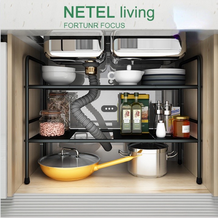 1- 2 tier Under Sink Organizer Rack Adjustable Kitchen Expandable Under ...