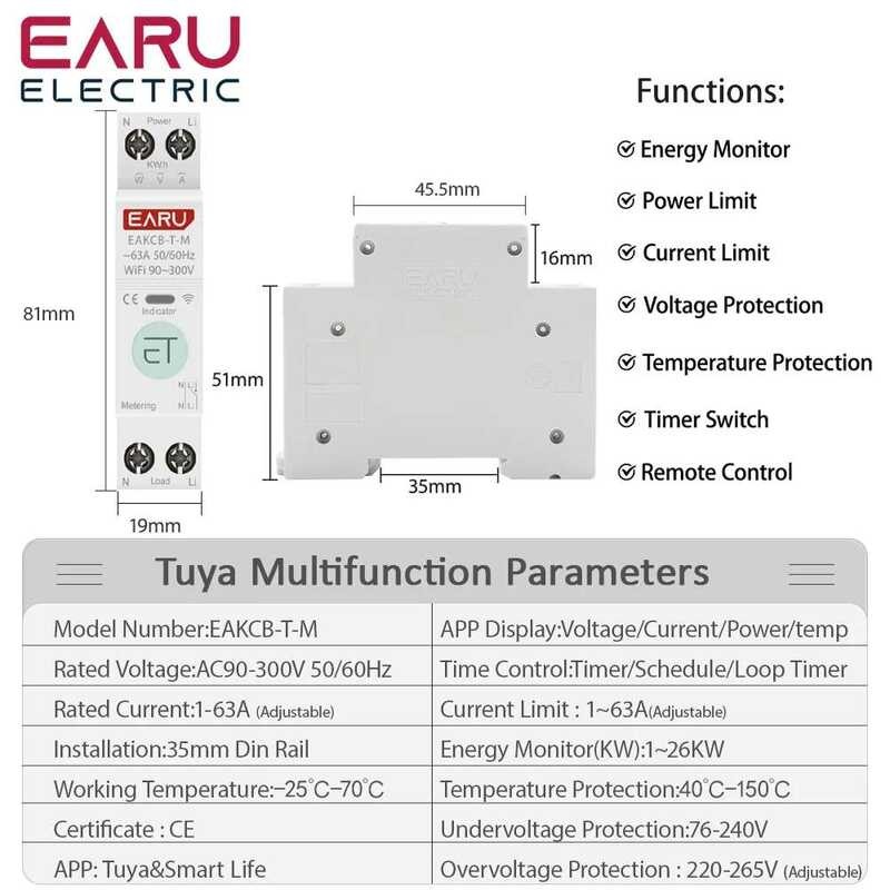 Wifi Tuya Smart Circuit Breaker MCB Timer 1P+N 63A Power Energy Kwh ...