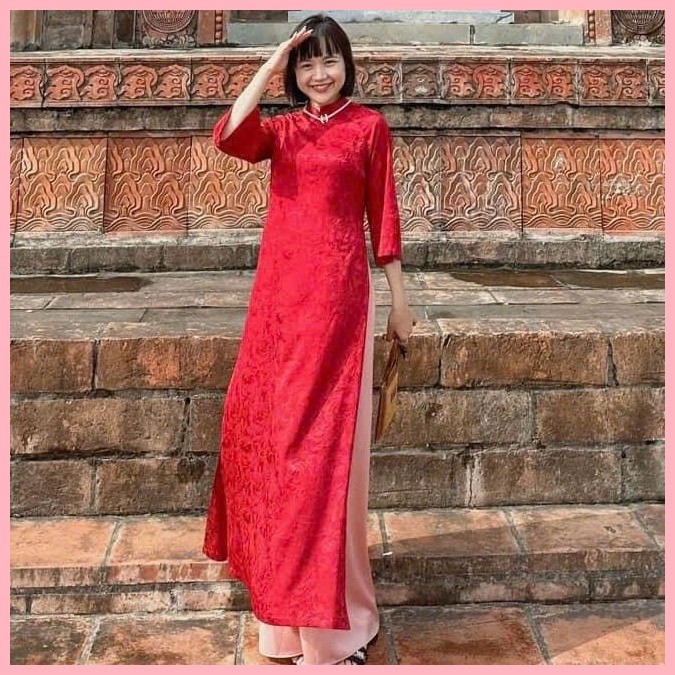 Modern silk brocade ao dai, plain shape, high neck, loose sleeves - Red ...