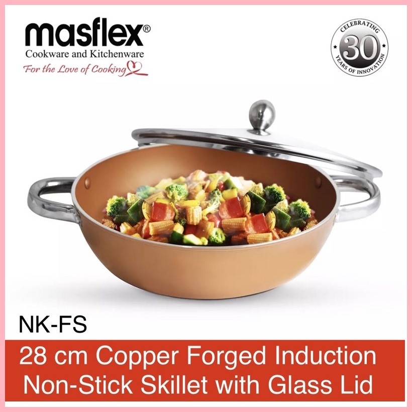 Masflex 28 cm Copper Induction Non-Stick Skillet with Glass lid ...