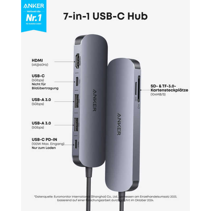 Anker USB C Hub, 7-In-1 Multi-Port Adapter For Laptops, 4K 60Hz ...