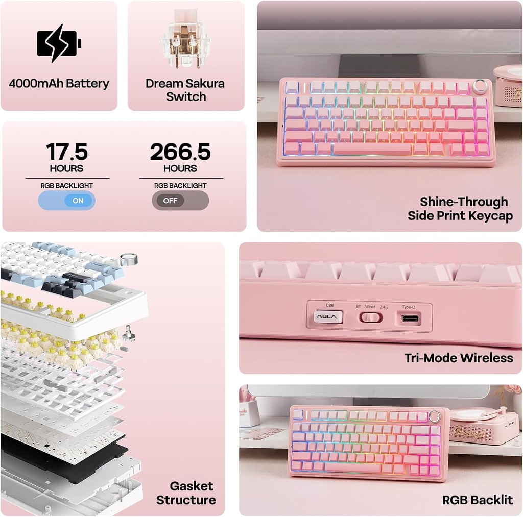 INPHIC x Aula 75% Wireless Mechanical Gaming Keyboard Bluetooth/2.4GHz ...