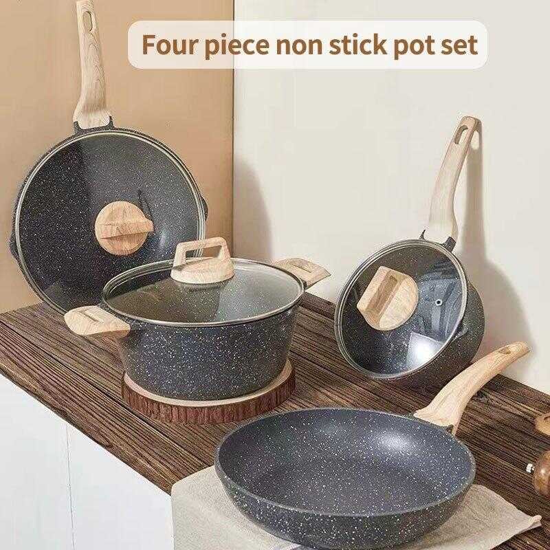 4Pcs Non Stick Cookware Set Wok Milk Pot Frying Pan Maifan Stone ...
