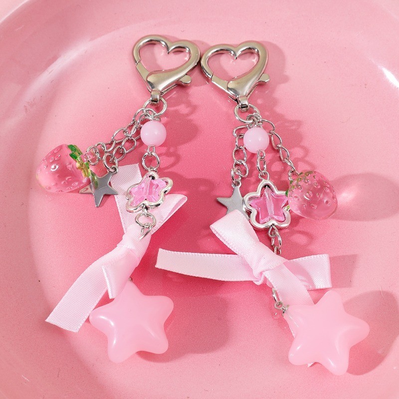 Y2K Fashion Sweet Pink Peach Pendant Keychain Star Strawberry Bowknot ...