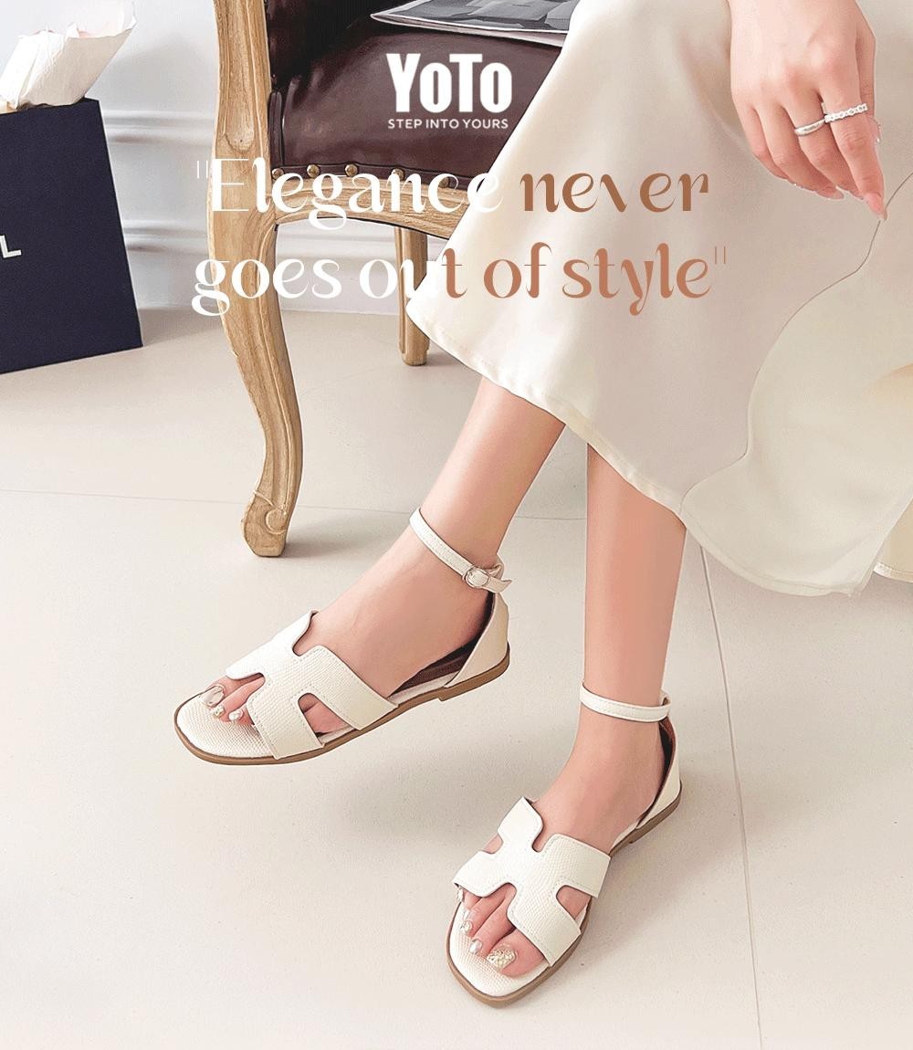 YOTO Korean Style H-Strap Sandals For Women Leather Ankle Strap Buckle ...