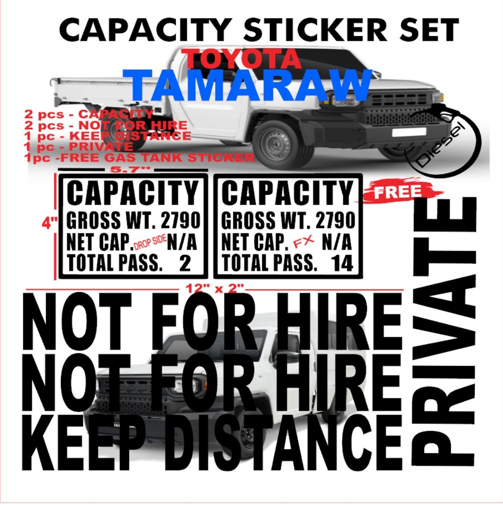 Toyota Tamaraw fx / Tamaraw dropside Capacity sticker set body sticker ...