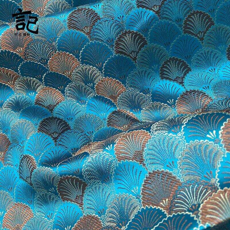 Deep and Light Royal Blue Sea Wave Shell Pine Needle Pattern Brocade ...