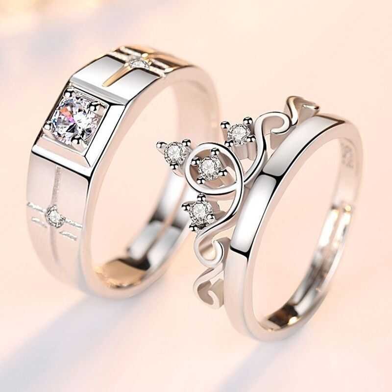 Zircon Couple Paired Rings For Women Men Shiny Crown Flower Heart ...
