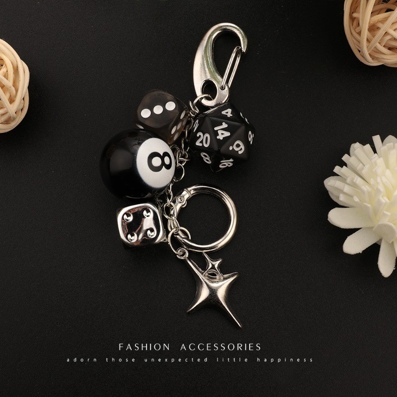 Hiphop Black Dice Billiards Keychain Y2K Lucky Dice Starburst Pendant ...