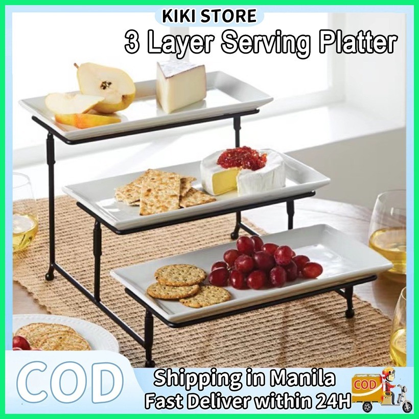 3 Tier Serving Platter Set Buffet Server Ceramic Plate with Metal Racks ...