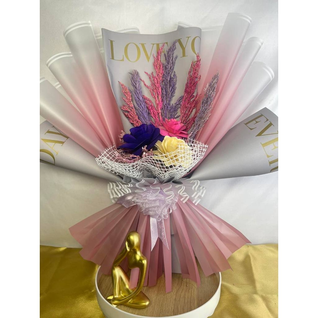 TRIPLE WOOD REAL DRIED FLOWER HANDCRAFTED BOUQUET 3 PIECES WOOD CARVE ...