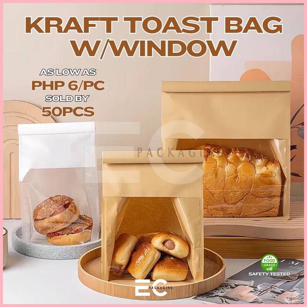 EC 50pcs Toast Stand Up Pouch With Window Kraft Paper Bread Slice Bread ...
