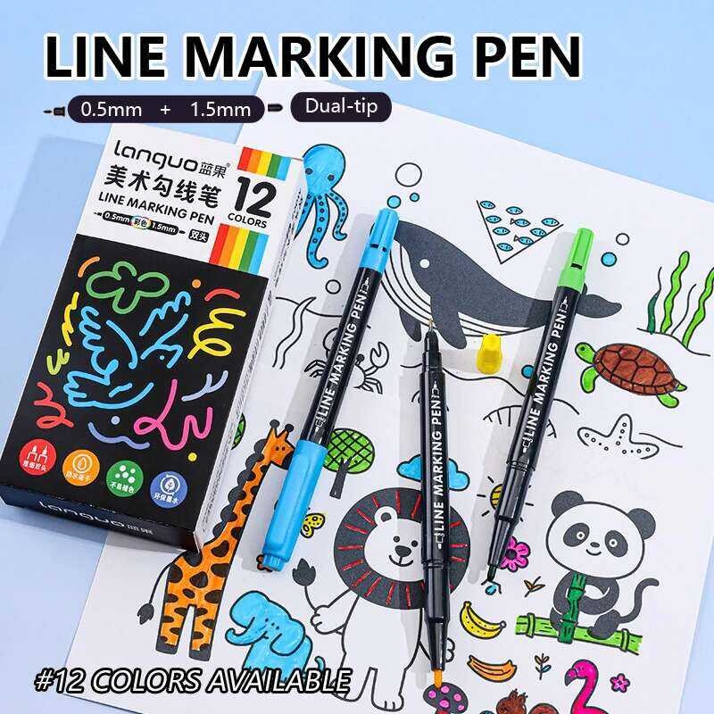 Y 12 Colors/Box Dual-Tip Line Marking Pen 0.5Mm & 1.5Mm Colored Drawing ...