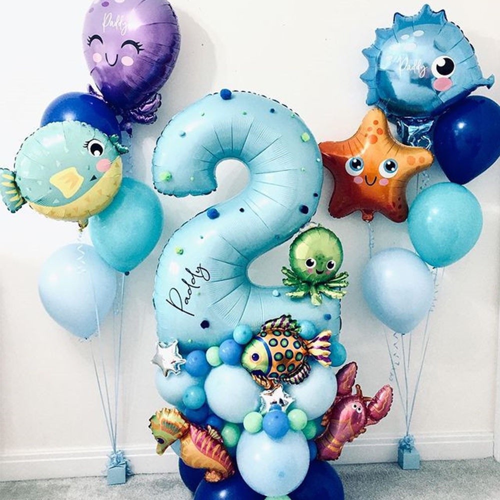 44pcs Under Sea Ocean World Animal Balloons Blue number 0-9 balloon Sea ...