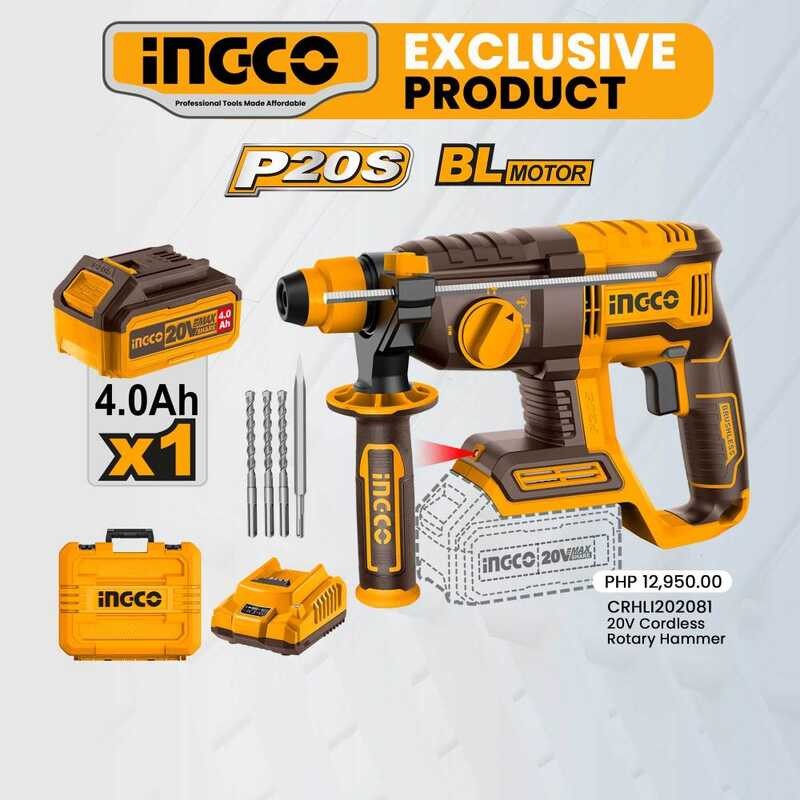 Ingco 20V Brushless Lithium-Ion Cordless Rotary Hammer Drill Chipping ...