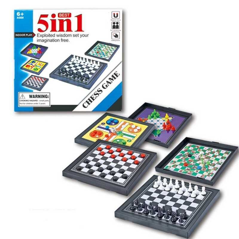 5 In 1 Chessmen Checkers Magnetic Board Flying Chess Kids Classic ...