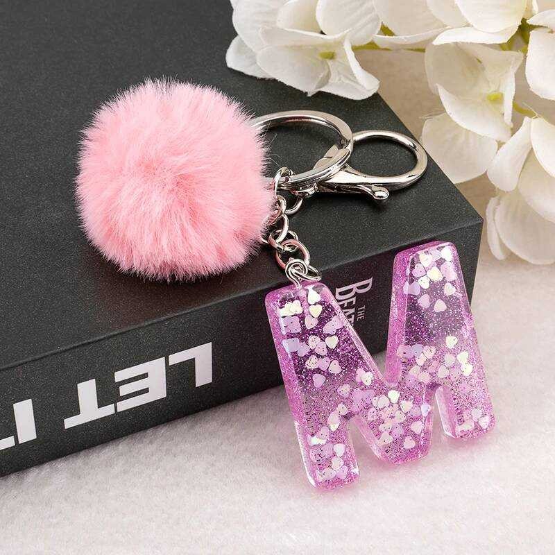 Keyring 1Pc Pink Color Letter Keychain With Puffer Ball 26 English Word ...