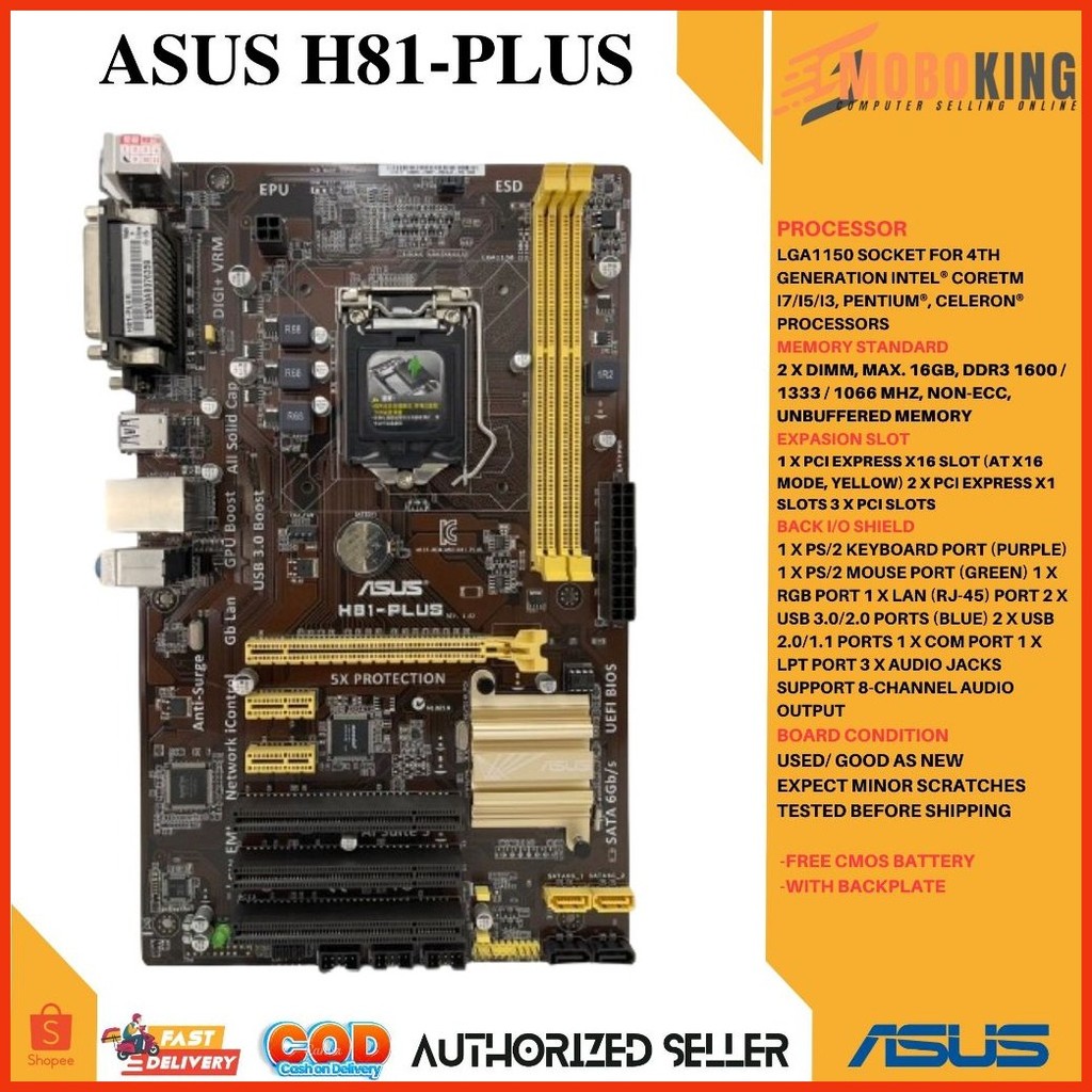 ASUS H81-PLUS 4TH GEN Desktop Motherboard H81 Socket LGA 1150 i3 i5 i7 DDR3 16GB 2 SLOTS USED ...