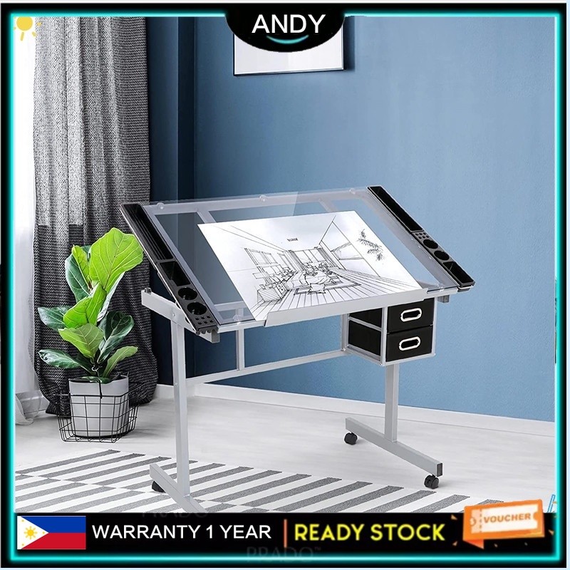 【Tempered glass】Drafting glass table with extra side table drawers ...
