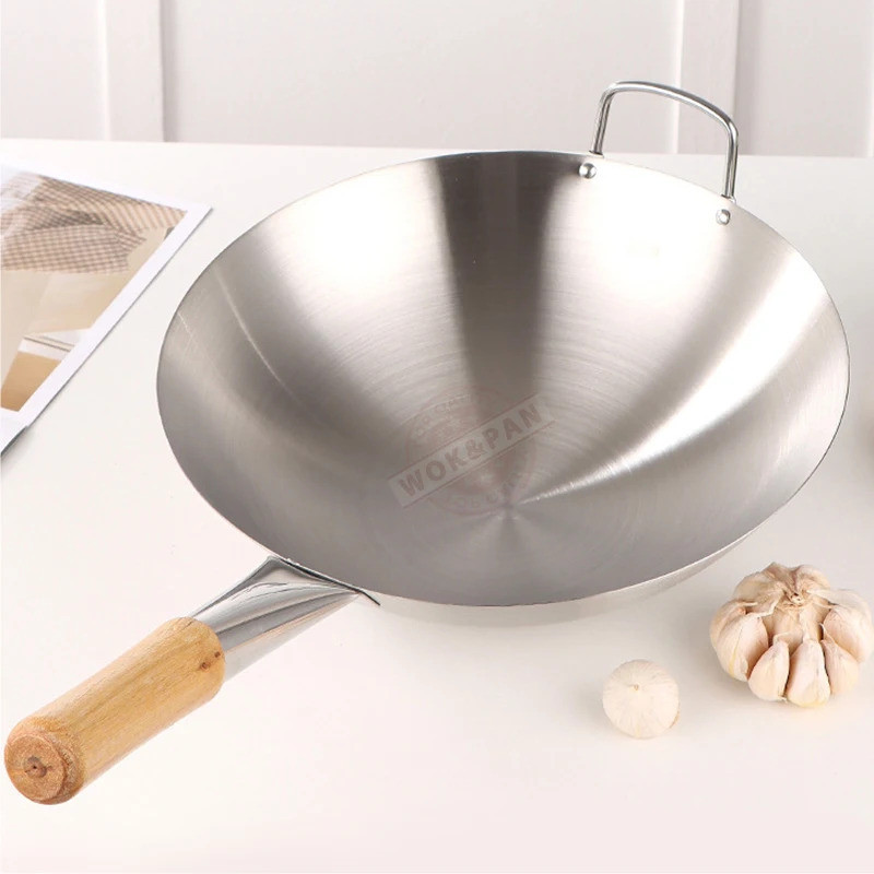 Durable Stainless Stee Wok - Brushed Polish,Beech Wood Handle,Gas Stove ...