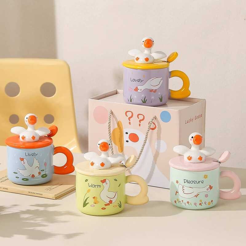 Ute Creative Cartoon Animal Goose Mug Ceramic Lid Drinking Box With ...