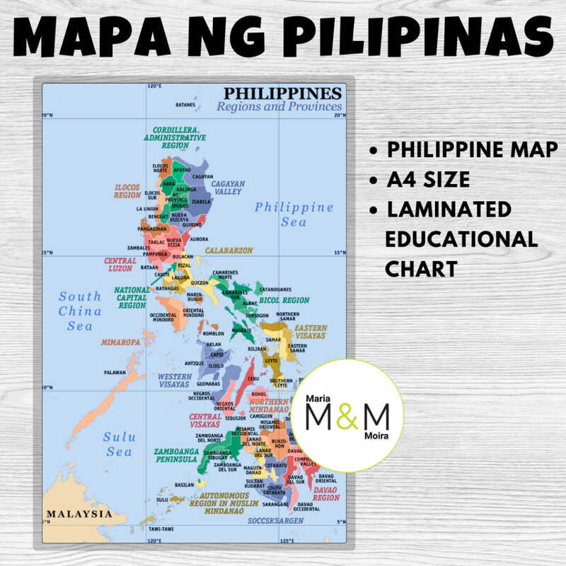 LAMINATED PHILIPPINE MAP A4 SIZE EDUCATIONAL | MAPA NG PILIPINAS CHARTS ...