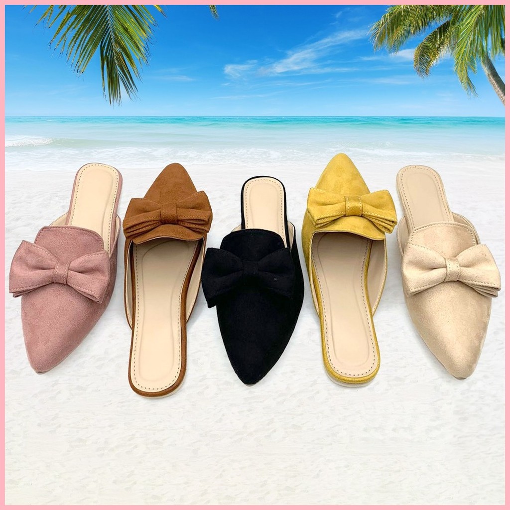 R&A004 Pointed Toe Flat with Suede Vamp Ribbon in Half Shoes or Mules ...