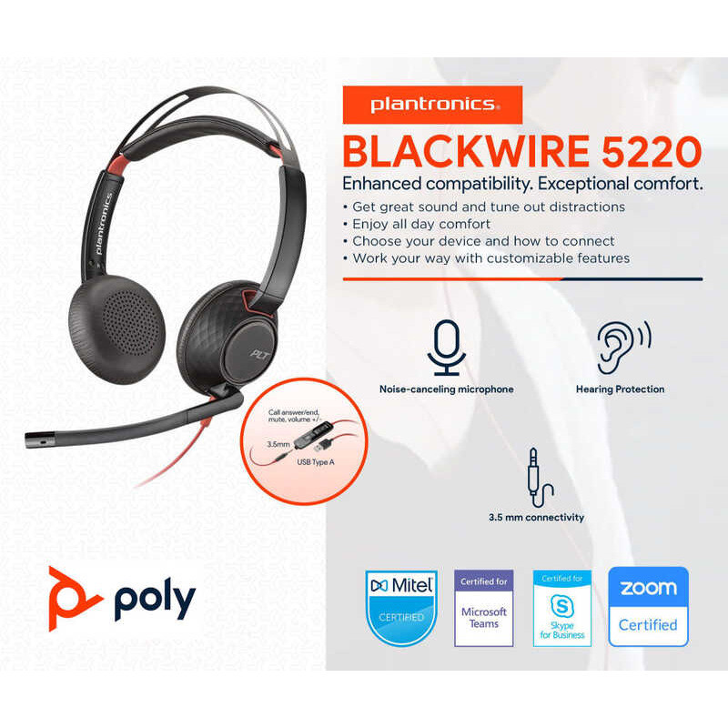 Plantronics Poly Blackwire 5220 Usb-A Noise Cancelling Stereo Headset ...