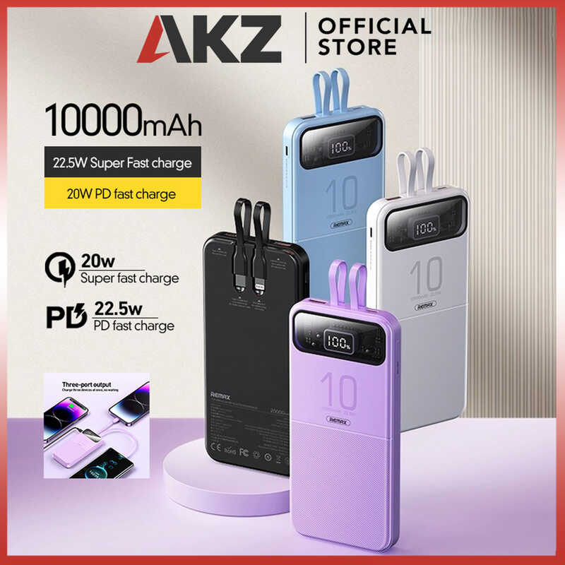 4Ea AKZ REMAX 10000Mah Powerbank Pd20w Fast Charging Built-In 2 Cables 20W+22.5W Pd+Qc Power ...